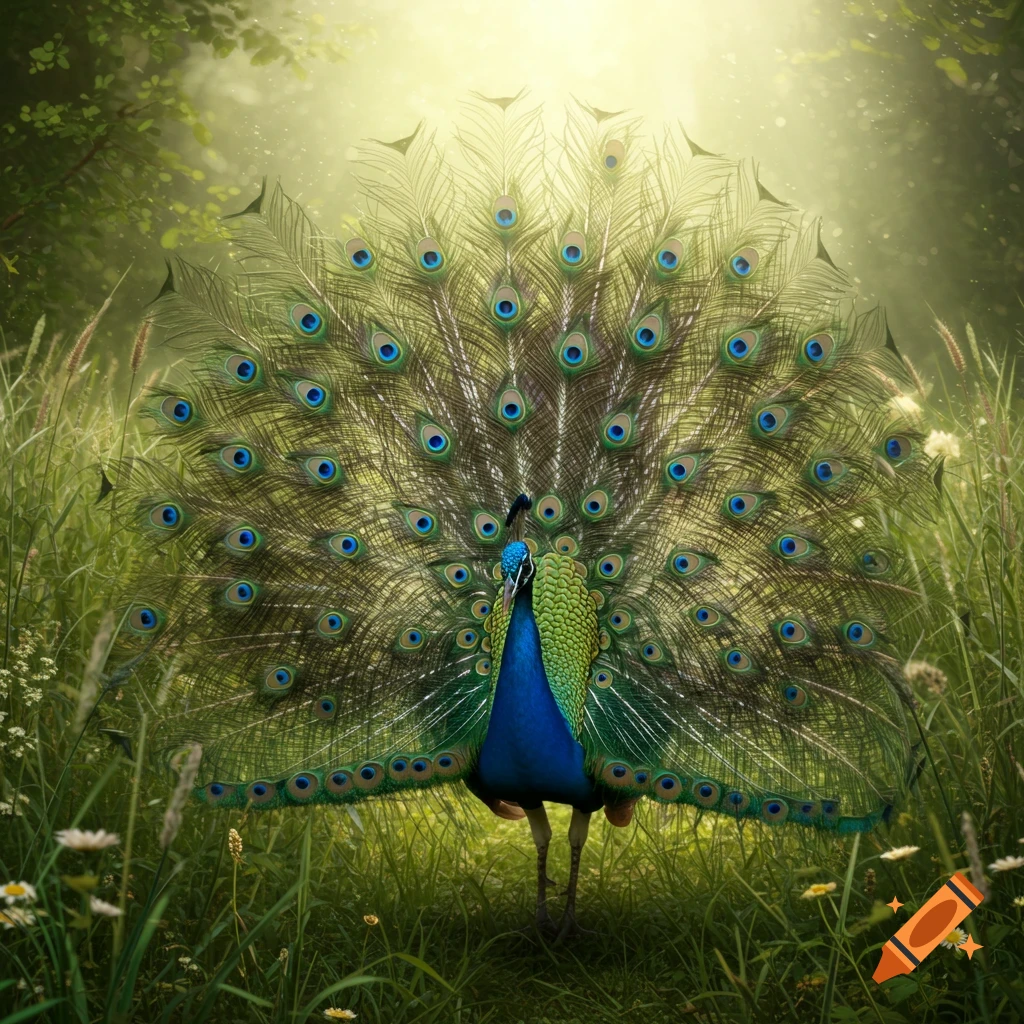 A vibrant peacock displays its fanned tail feathers with prominent eye ...