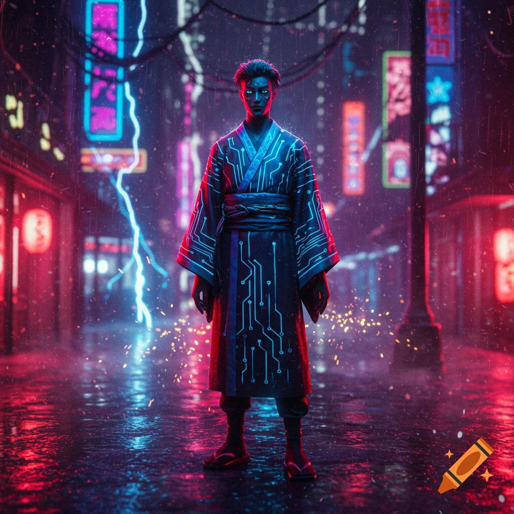 A futuristic figure in a circuit-patterned kimono stands in a rainy ...