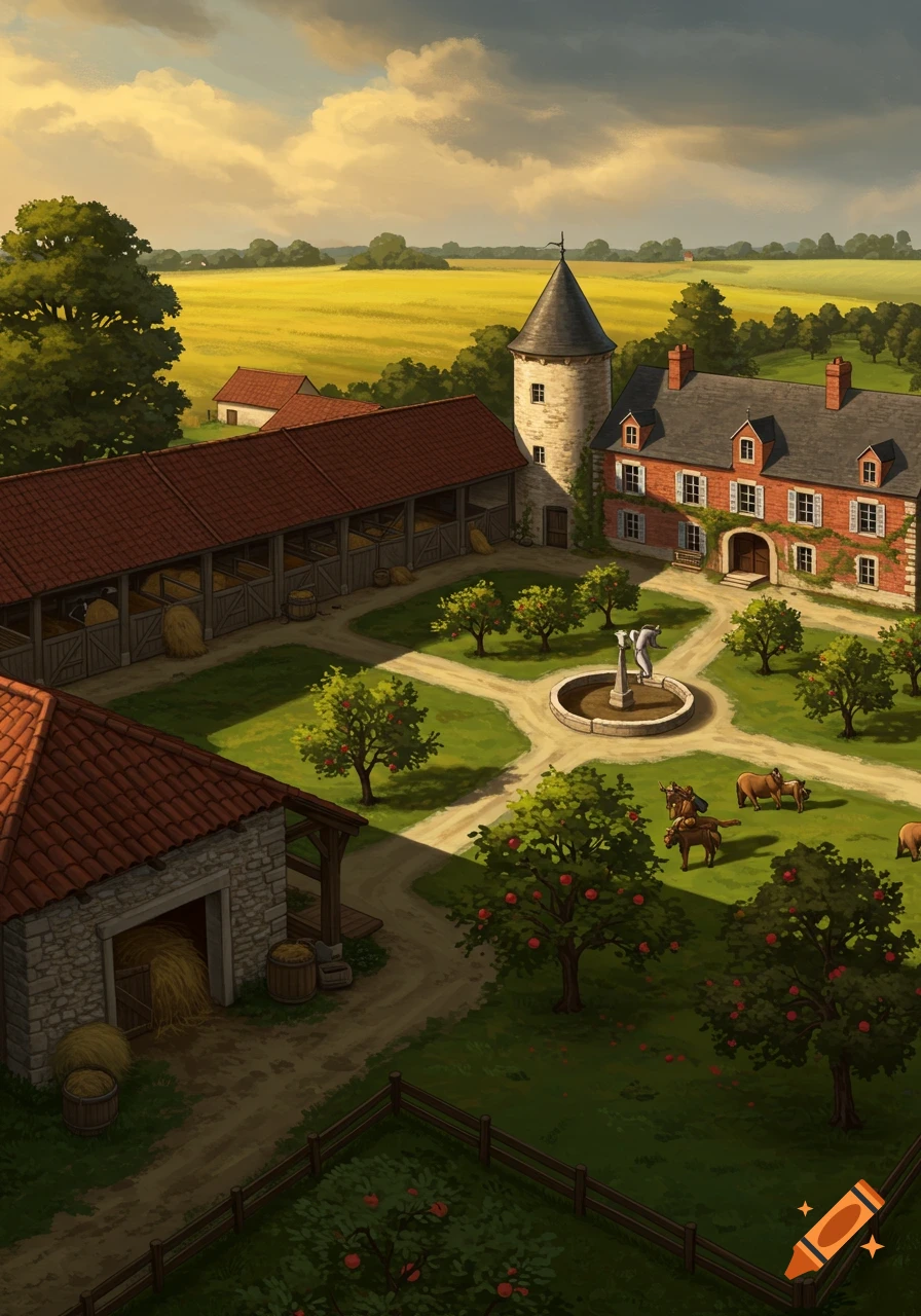 An aerial, illustrated view of a French countryside farm estate with a ...