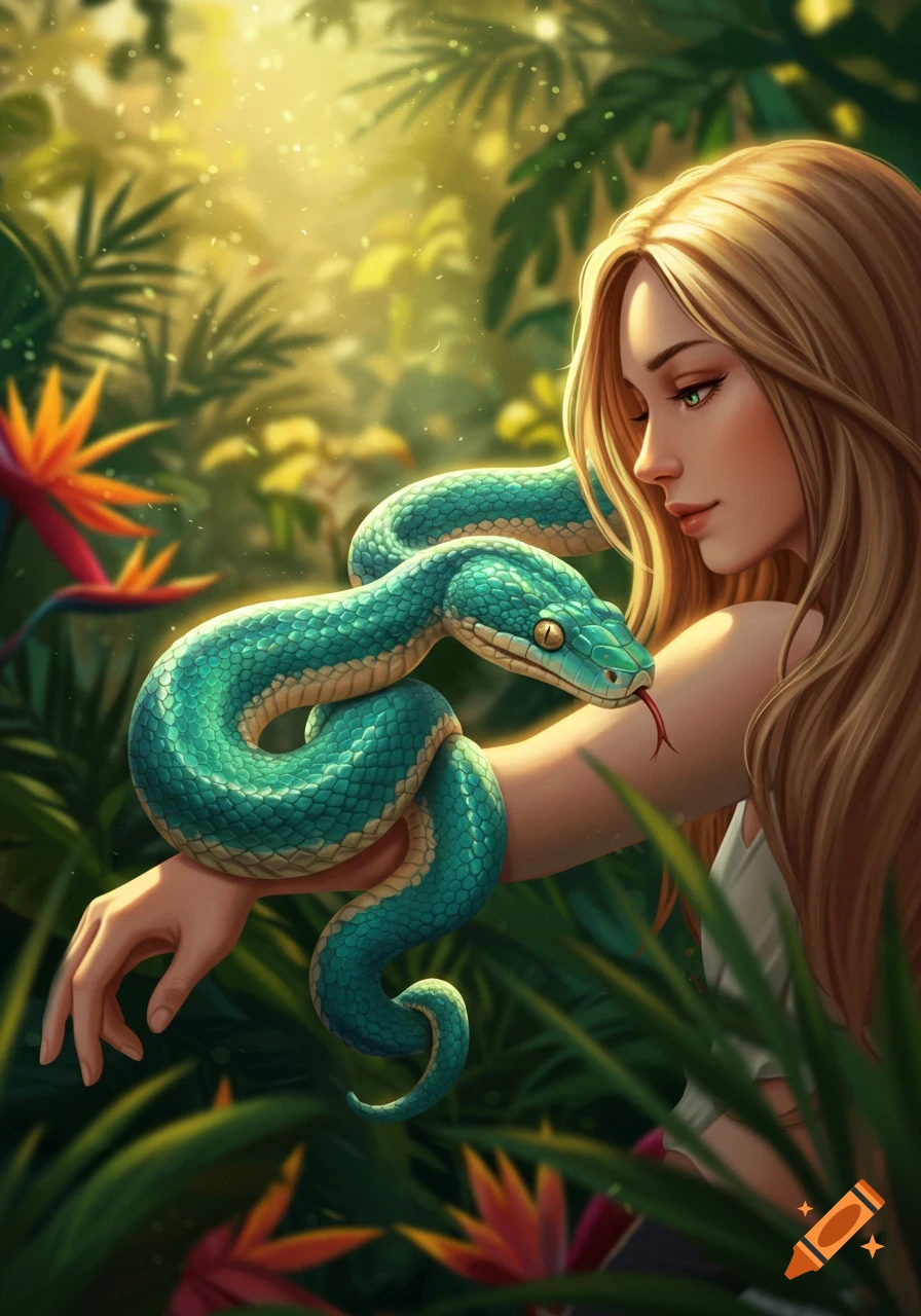 Fantasy illustration of a blonde woman with a teal snake coiled on her ...