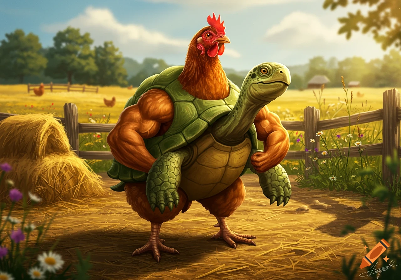 A muscular, buff chicken with a turtle shell and turtle head stands in ...