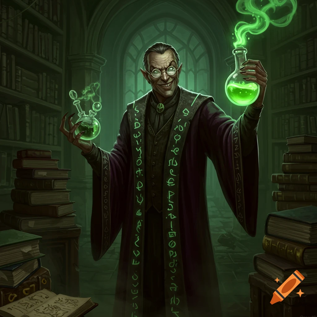 A grinning alchemist with pointed ears and glasses holds glowing green ...