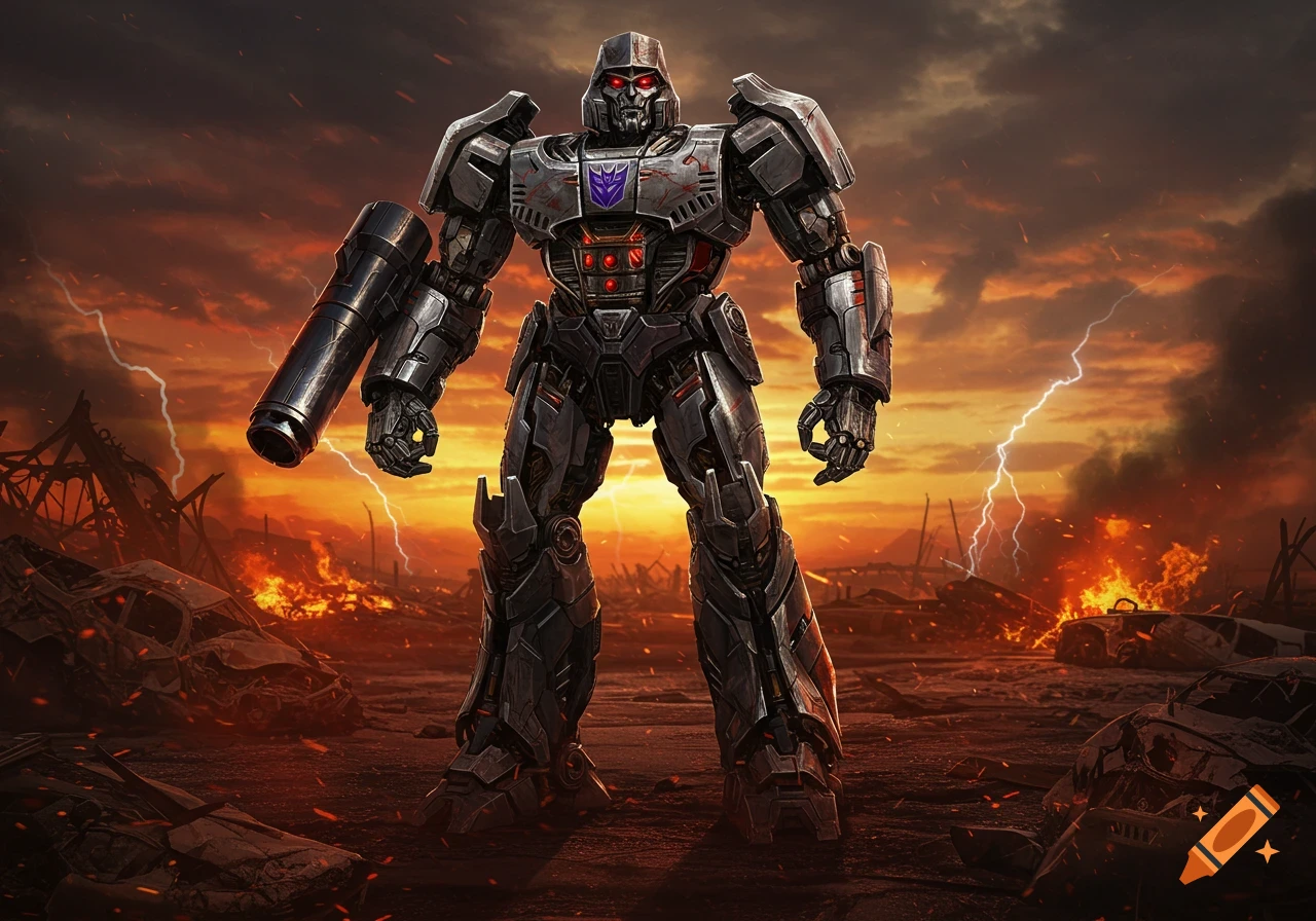 Megatron, a grey robot with red eyes and a fusion cannon, stands in a ...