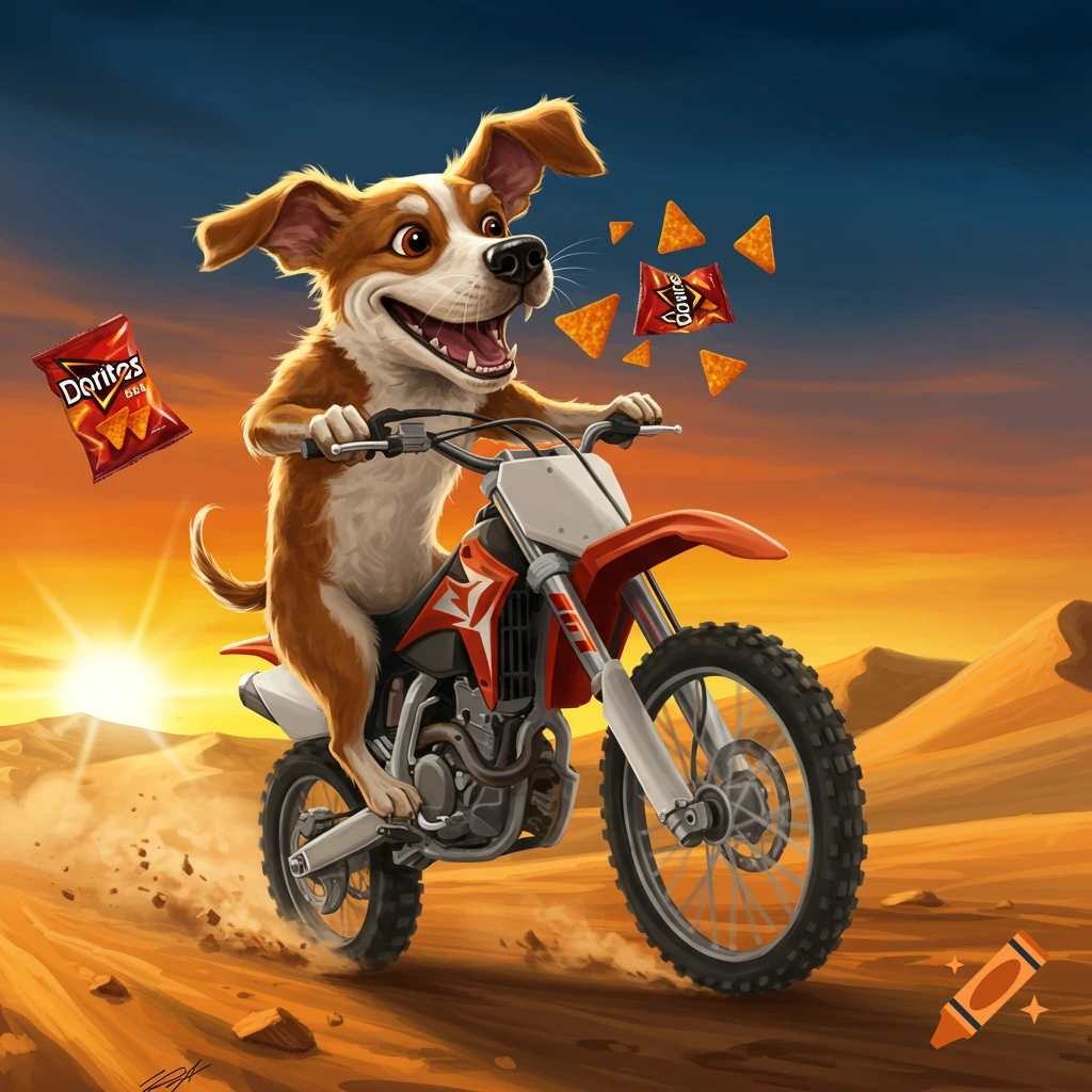 A happy cartoon dog rides a dirtbike through a desert at sunset, with ...
