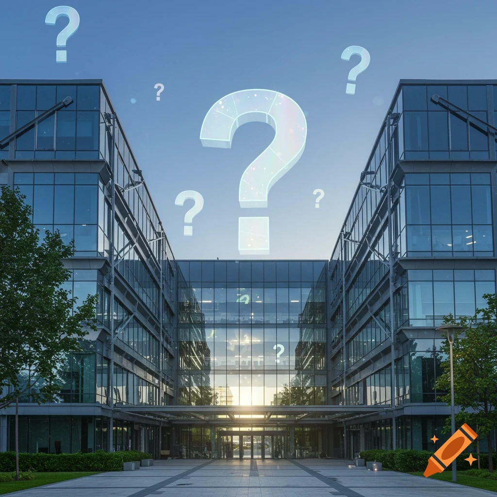 A modern glass office building with several glowing white question ...