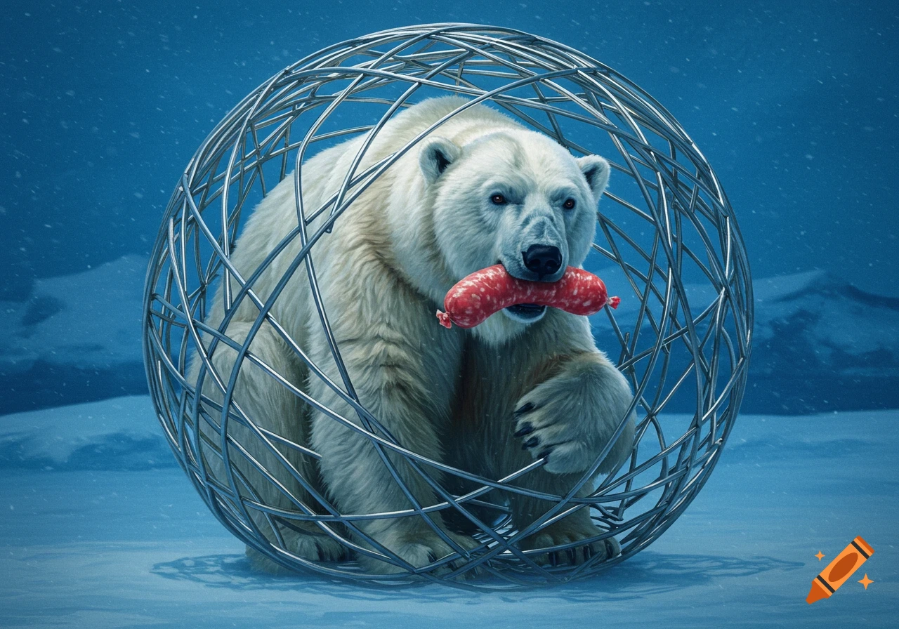 A polar bear in a metal sphere cage holds a sausage in its mouth in a ...