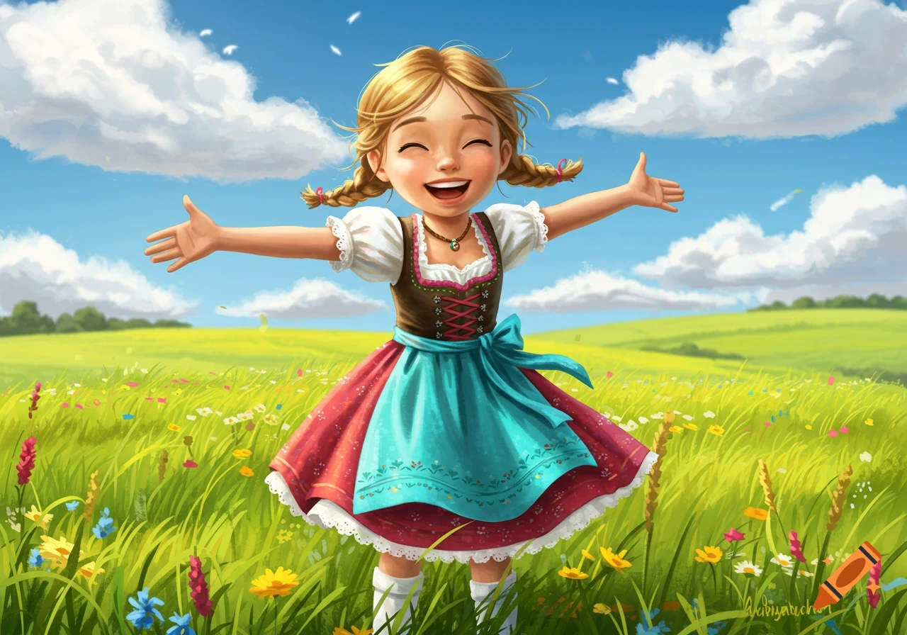 Happy cartoon German girl in a dirndl with pigtails, arms open wide in ...