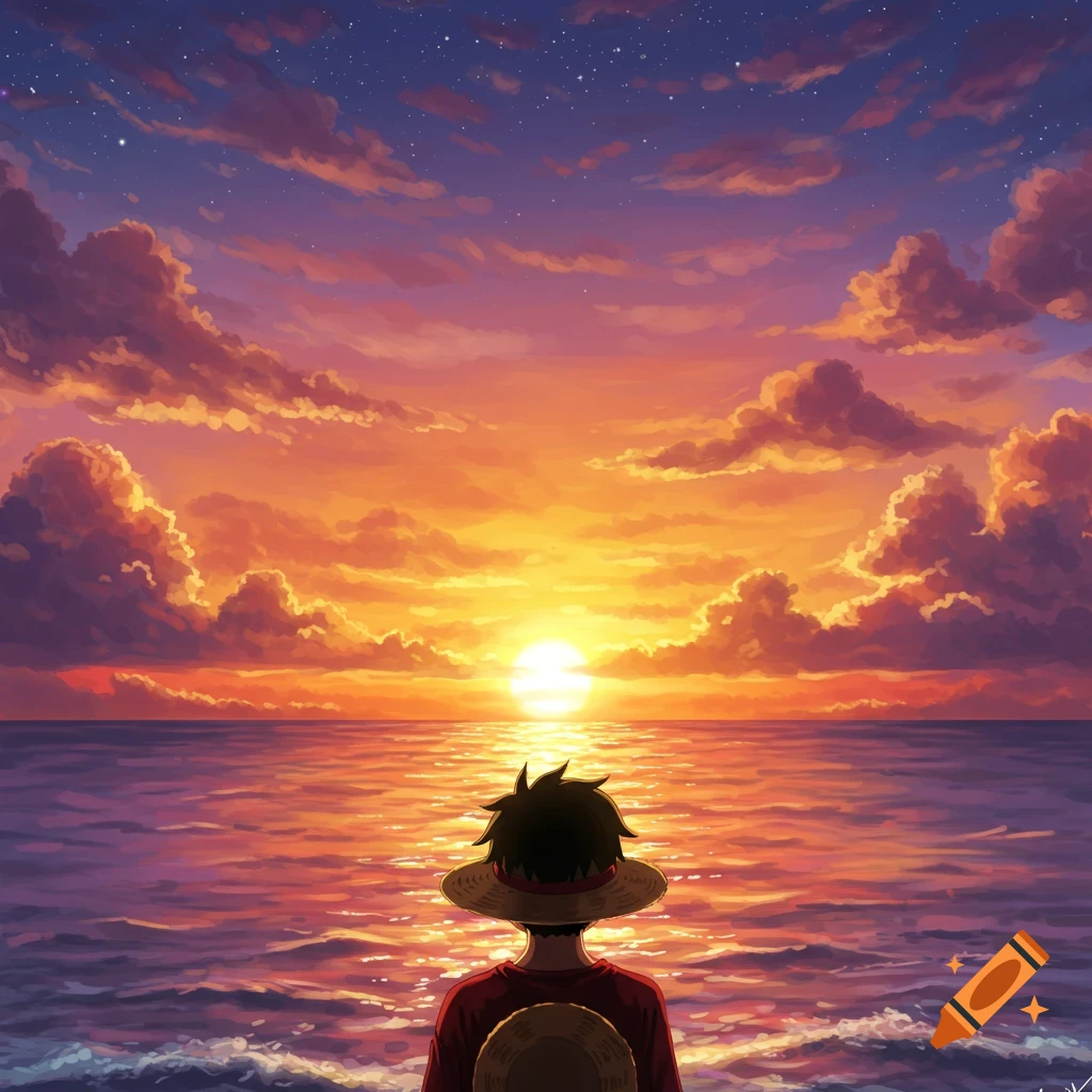 Anime depiction of Luffy from One Piece, seen from behind, watching a ...