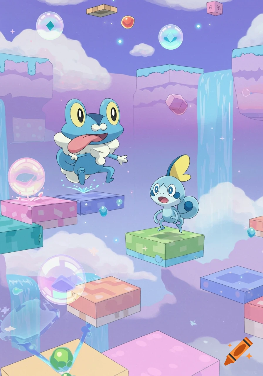 Froakie jumps near Sobble on pastel floating islands, with waterfalls ...