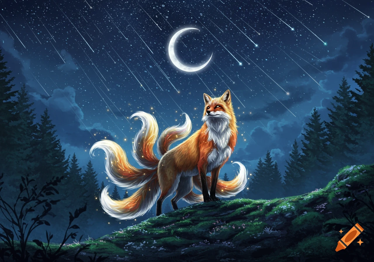 A nine-tailed fox with glowing tails stands on a grassy hill under a ...