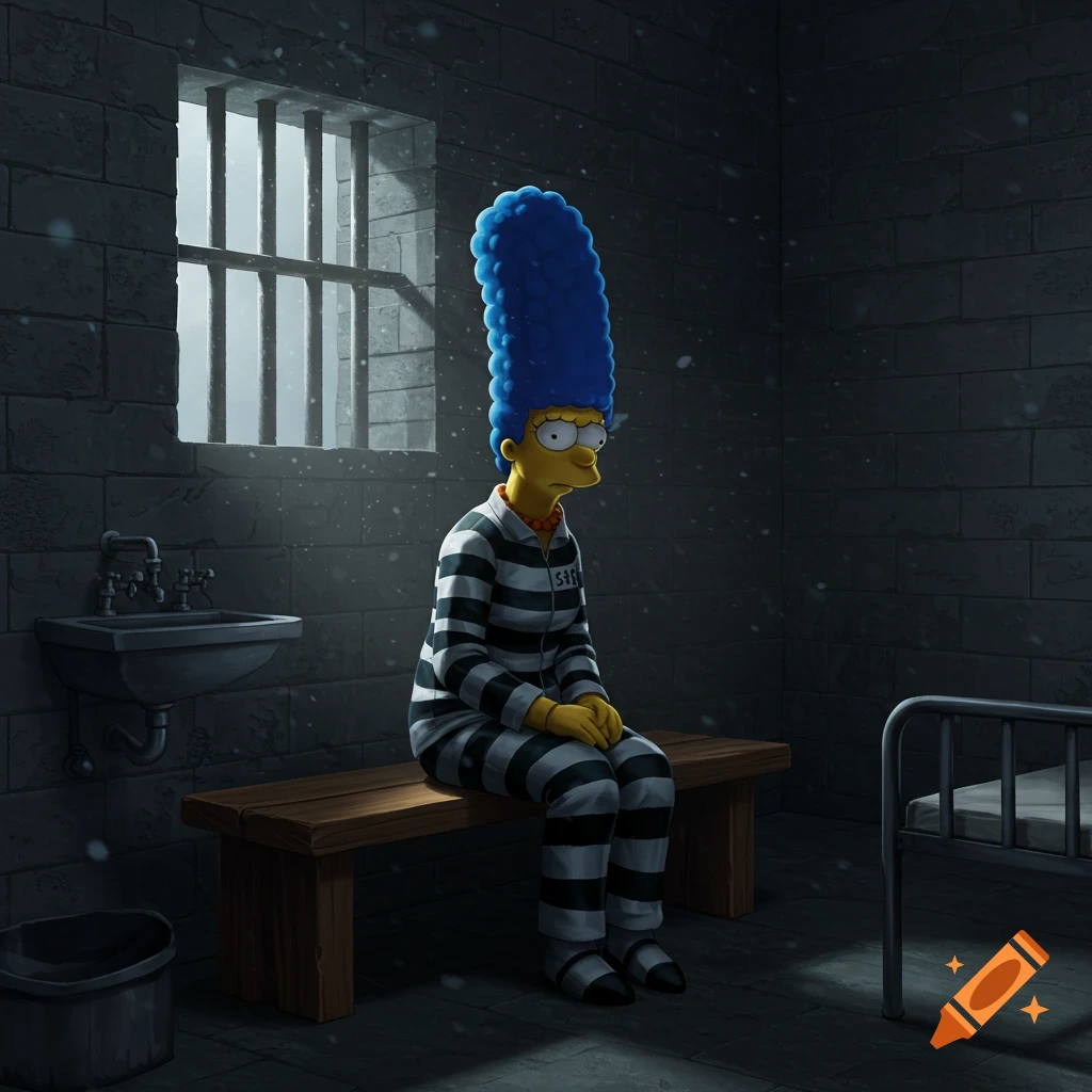 Marge Simpson in a striped prison uniform sits sadly on a bench in a ...