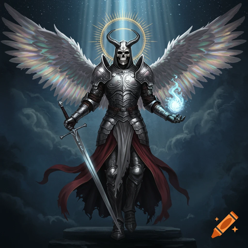 A majestic skeletal angel in gleaming silver armor with large ...