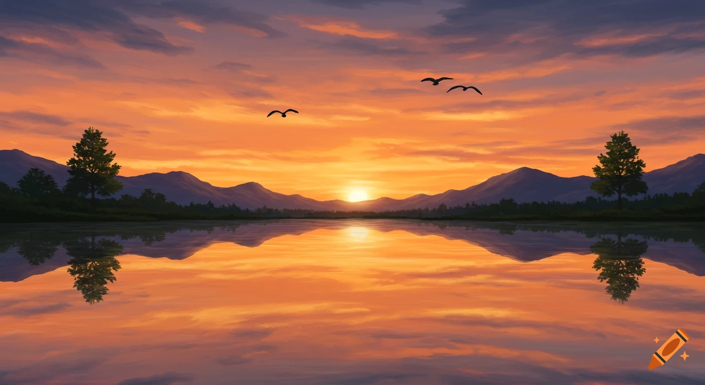 A vibrant painted sunset scene over a calm lake reflecting orange and ...
