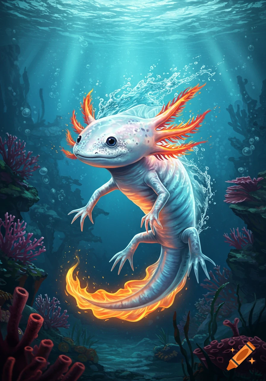 A fantastical water and fire axolotl with orange feathery gills and a ...