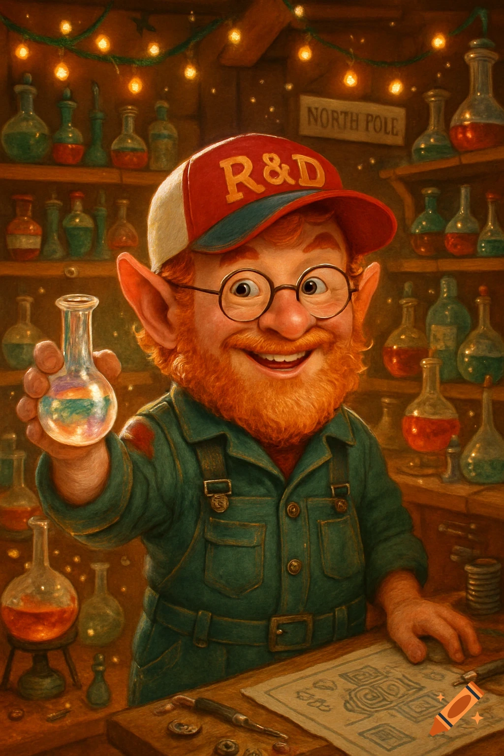 A whimsical illustration of a smiling, red-bearded elf in a workshop ...