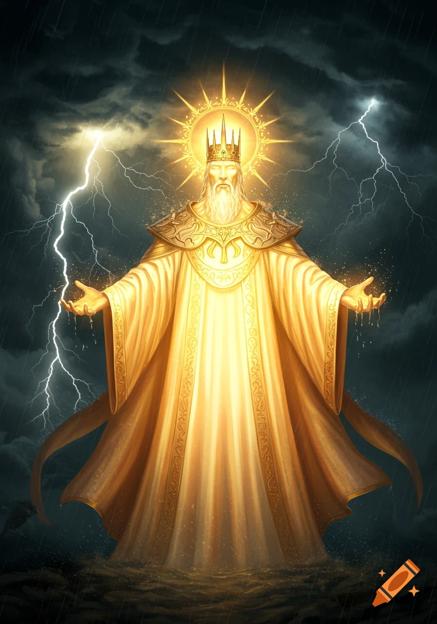 A radiant golden king with a crown and beard stands amidst a stormy sky ...