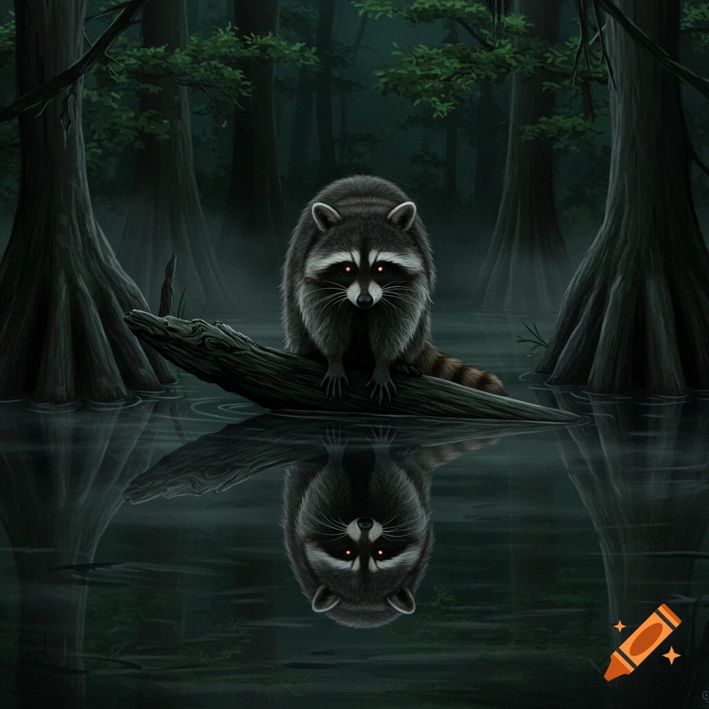 An illustrated raccoon with glowing red eyes perches on a log in a dark ...