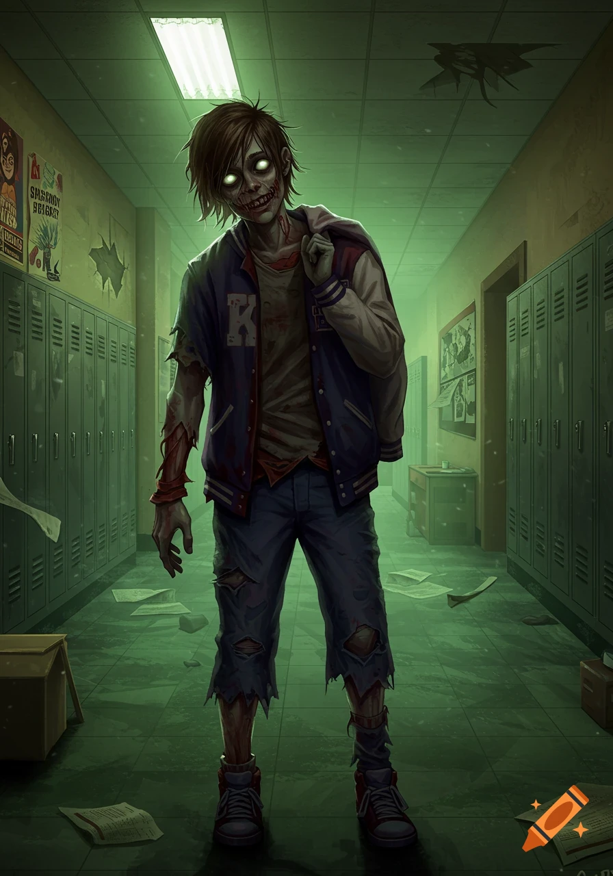 A stylized illustration of a zombie high school student with glowing ...