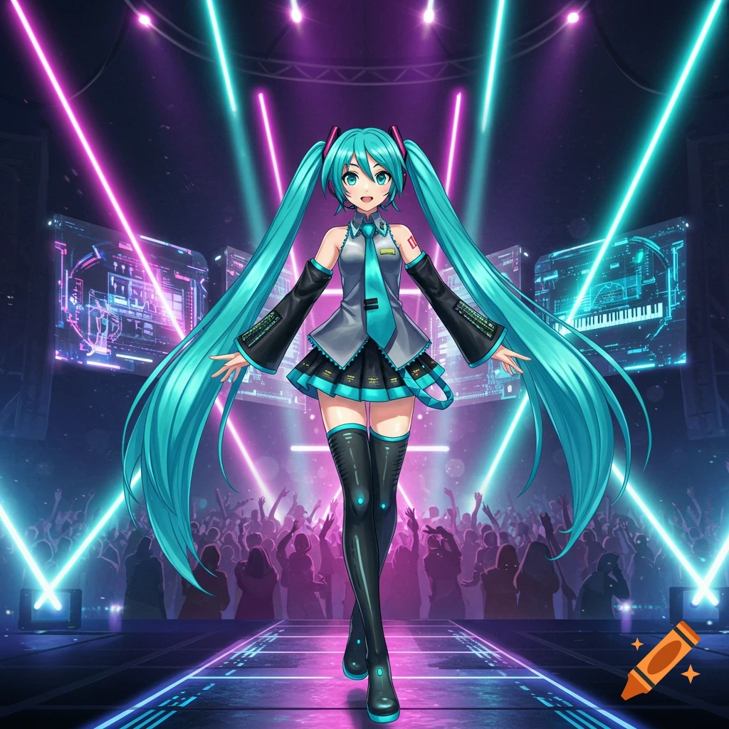 Hatsune Miku, an anime character, performing on a vibrant stage with ...