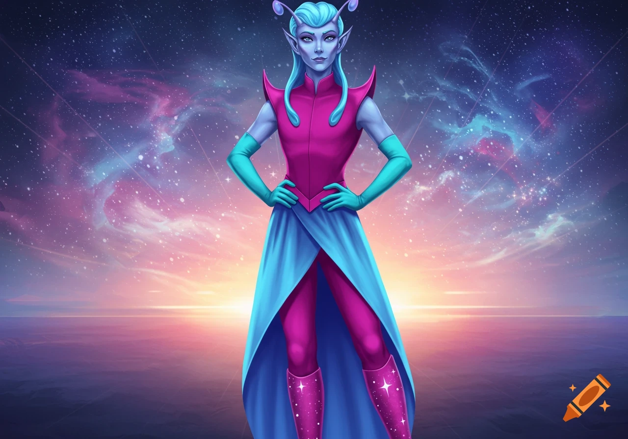 An anthropomorphic alien woman with light blue skin, hair, and antennae ...