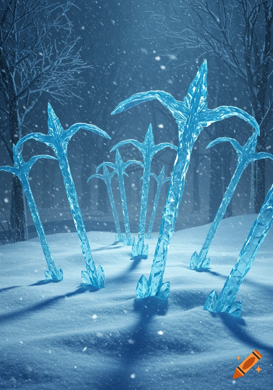 Glowing translucent ice crossbow bolts pierce a snowy landscape in a ...