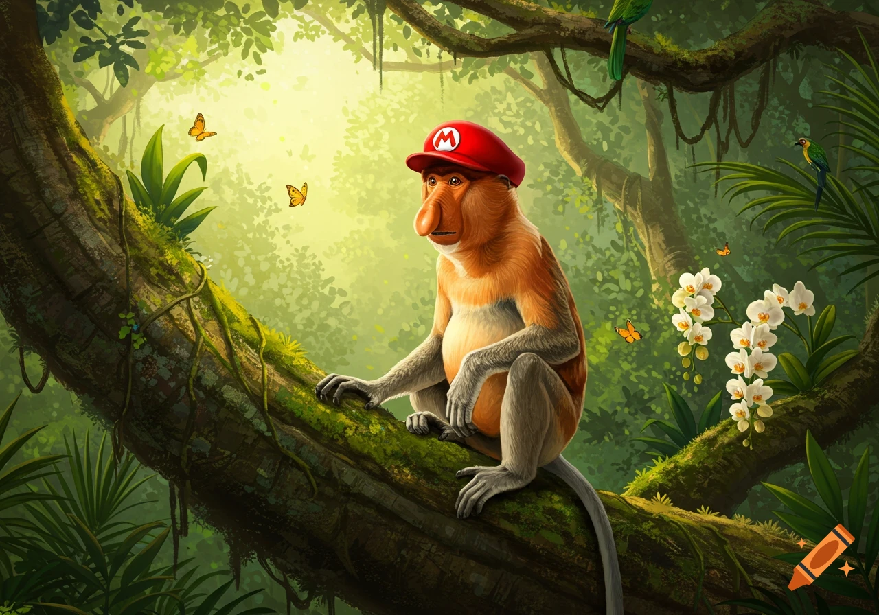 A proboscis monkey wearing a red Mario hat sits on a mossy tree branch ...
