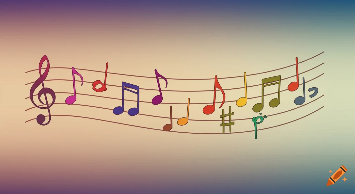A colorful musical staff with a treble clef and various abstract ...
