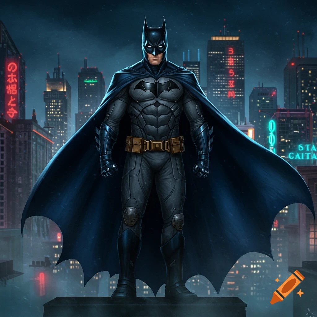 Batman stands on a rooftop overlooking a neon-lit futuristic city at ...