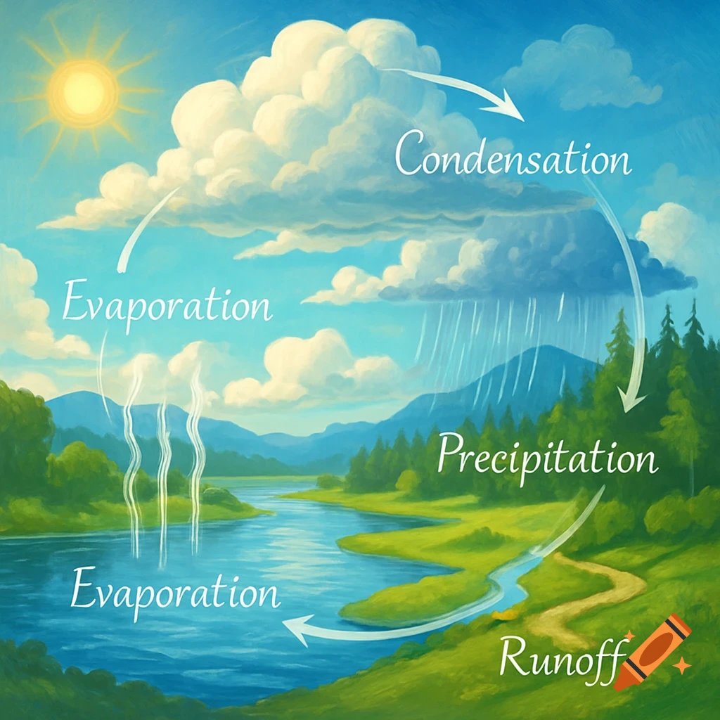 Illustrated diagram of the water cycle with labels for evaporation ...