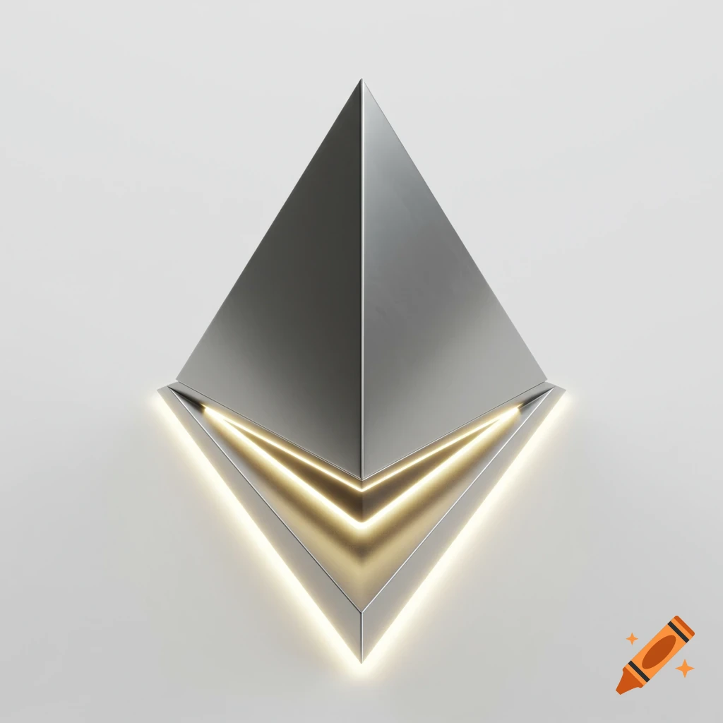 A metallic, glowing triangular prism with a golden light emanating from ...