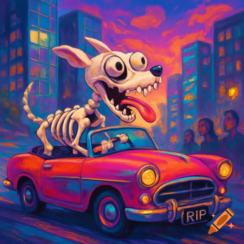 A vibrant, cartoonish skeleton dog with bulging eyes and a long tongue ...