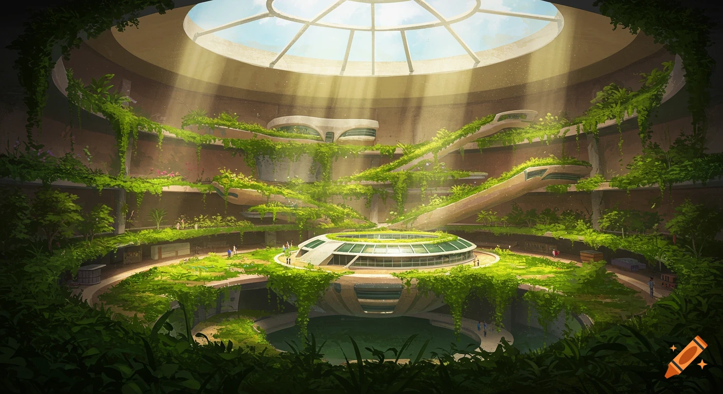 A vast underground dome structure filled with lush green plants, modern ...