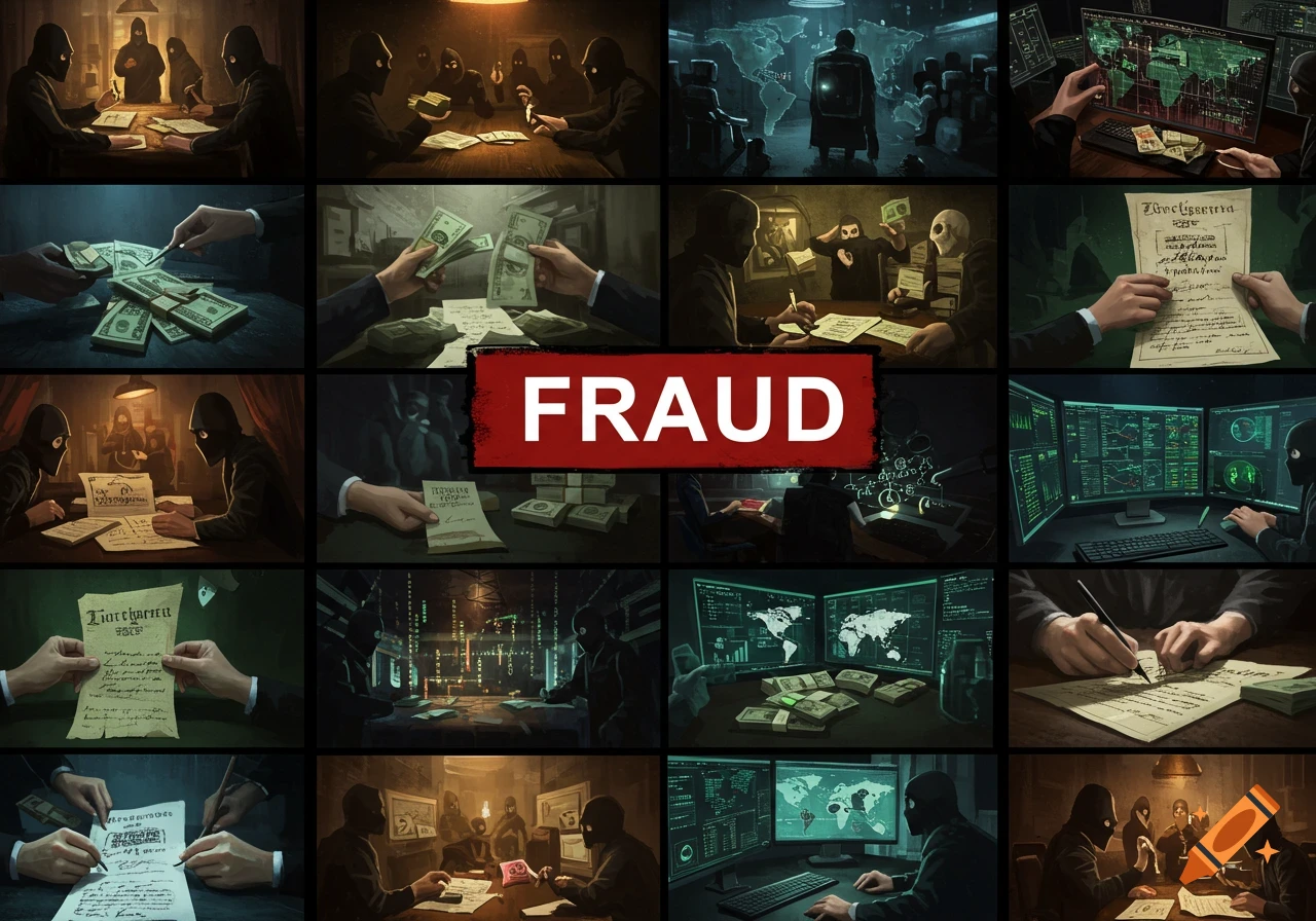A collage of scenes depicting fraud, including masked figures handling ...