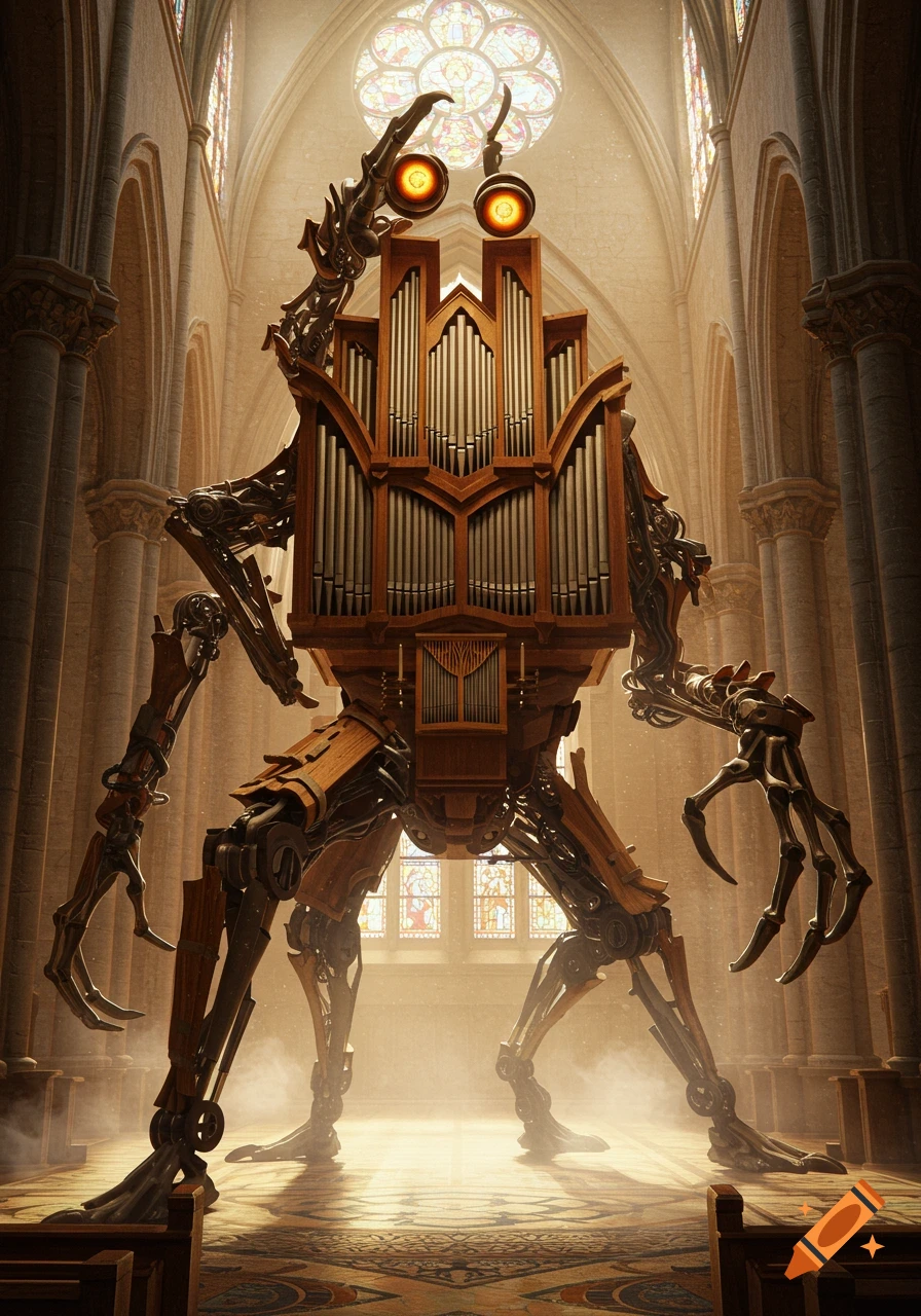 A giant, imposing pipe organ robot with mechanical limbs and glowing ...