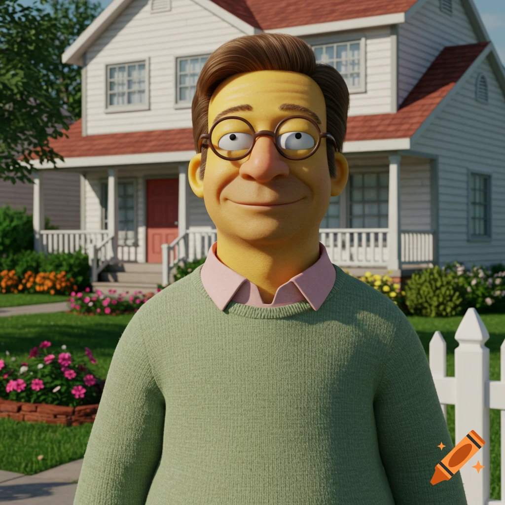 A 3D rendered, realistic-looking man with yellow skin, brown hair, and ...