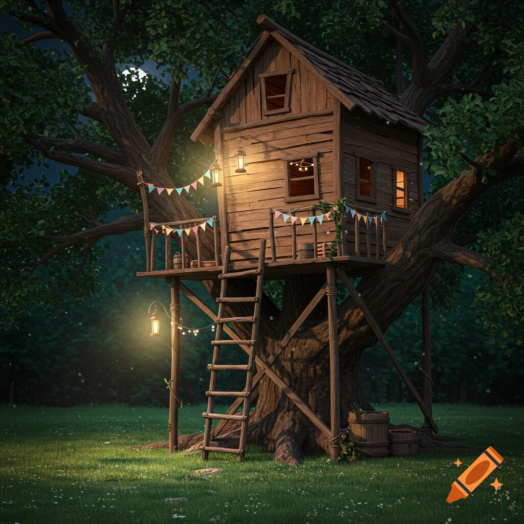A cozy, illuminated treehouse in a large tree at night with bunting ...