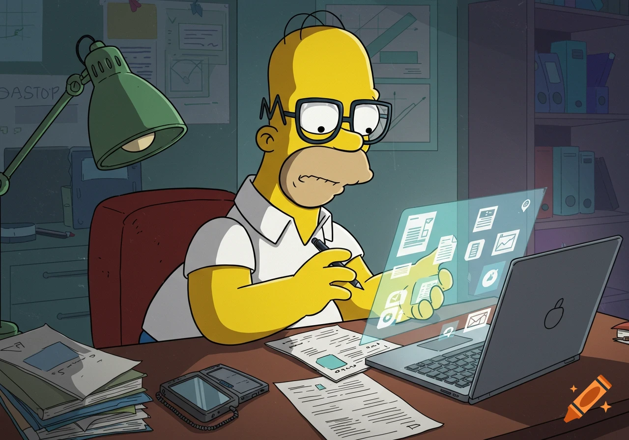 Homer Simpson in his office wearing glasses, looking intently at a ...