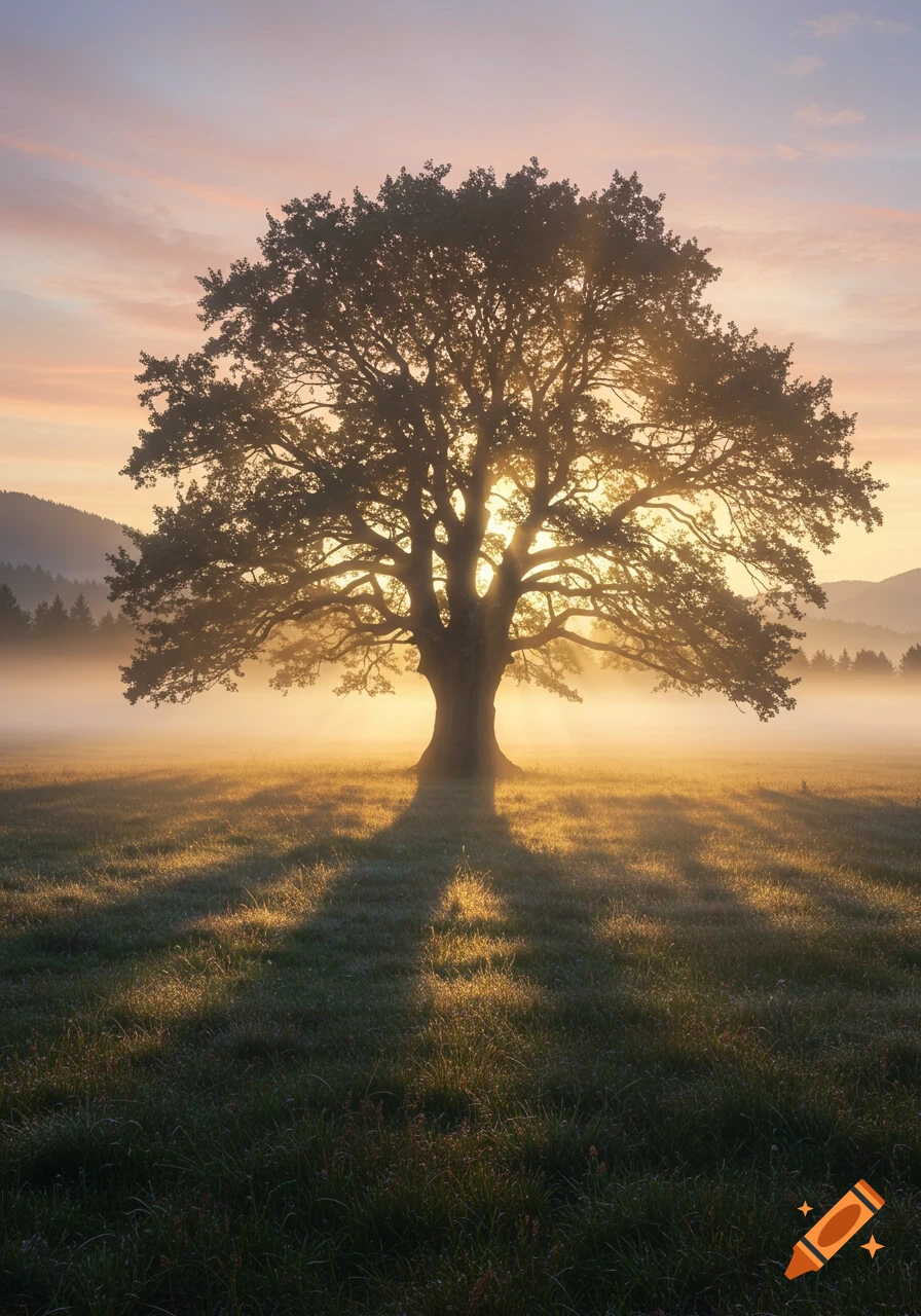 A large, ancient tree silhouetted against a golden sunrise in a misty ...