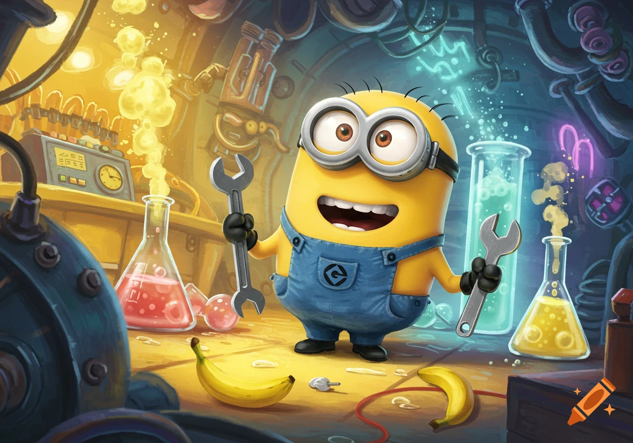 A cheerful Minion in goggles and blue overalls holds wrenches in a ...