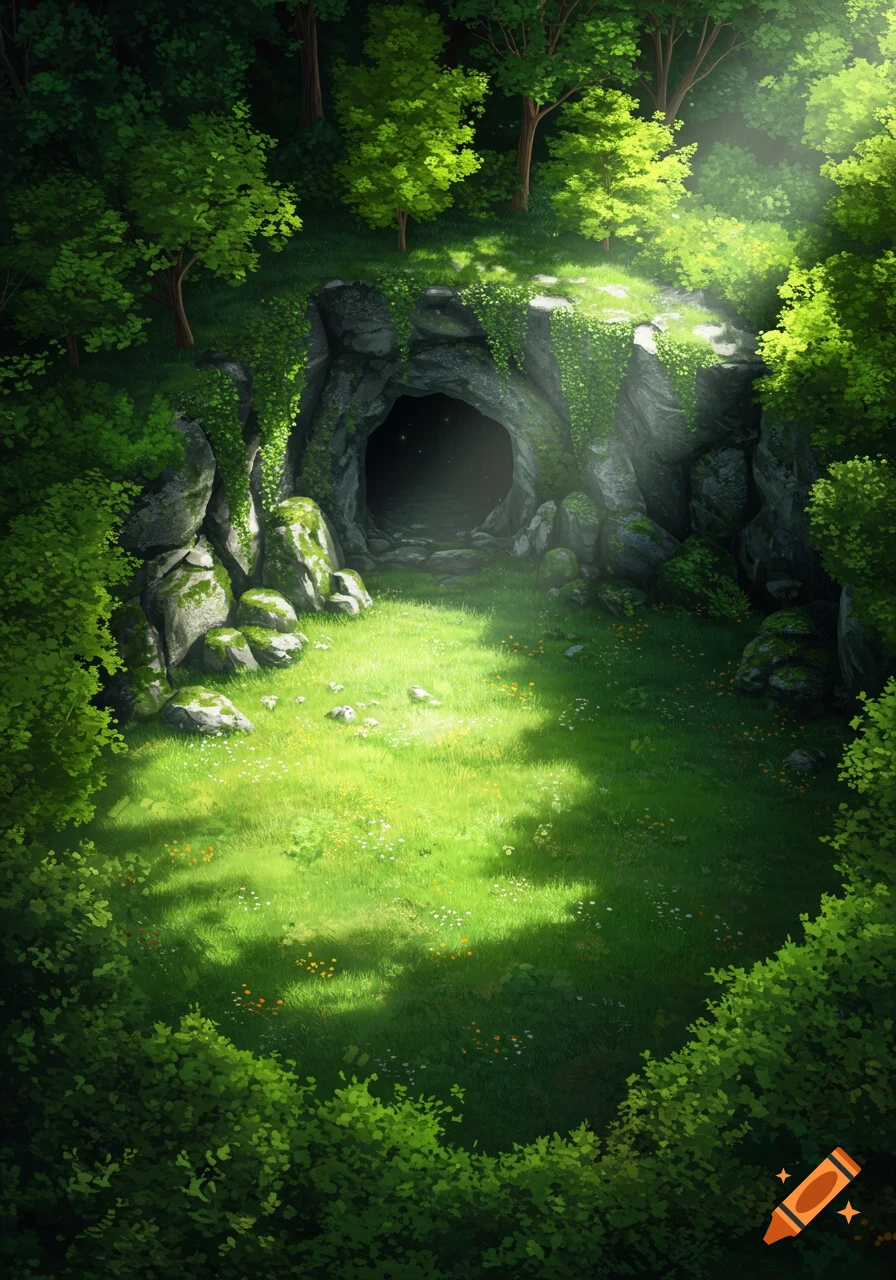 Lush green forest clearing with a dark cave entrance under dappled ...