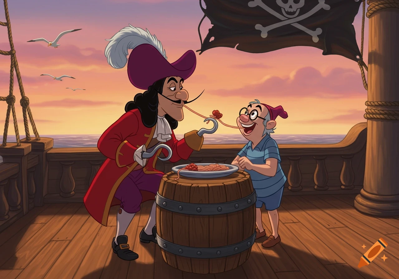 Captain Hook and Smee share a spaghetti noodle 'Lady and the Tramp ...