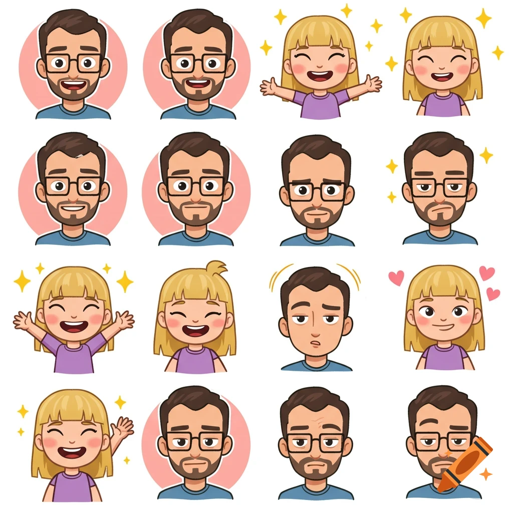 A grid of 12 cartoon-style avatars, featuring a man with glasses and a ...