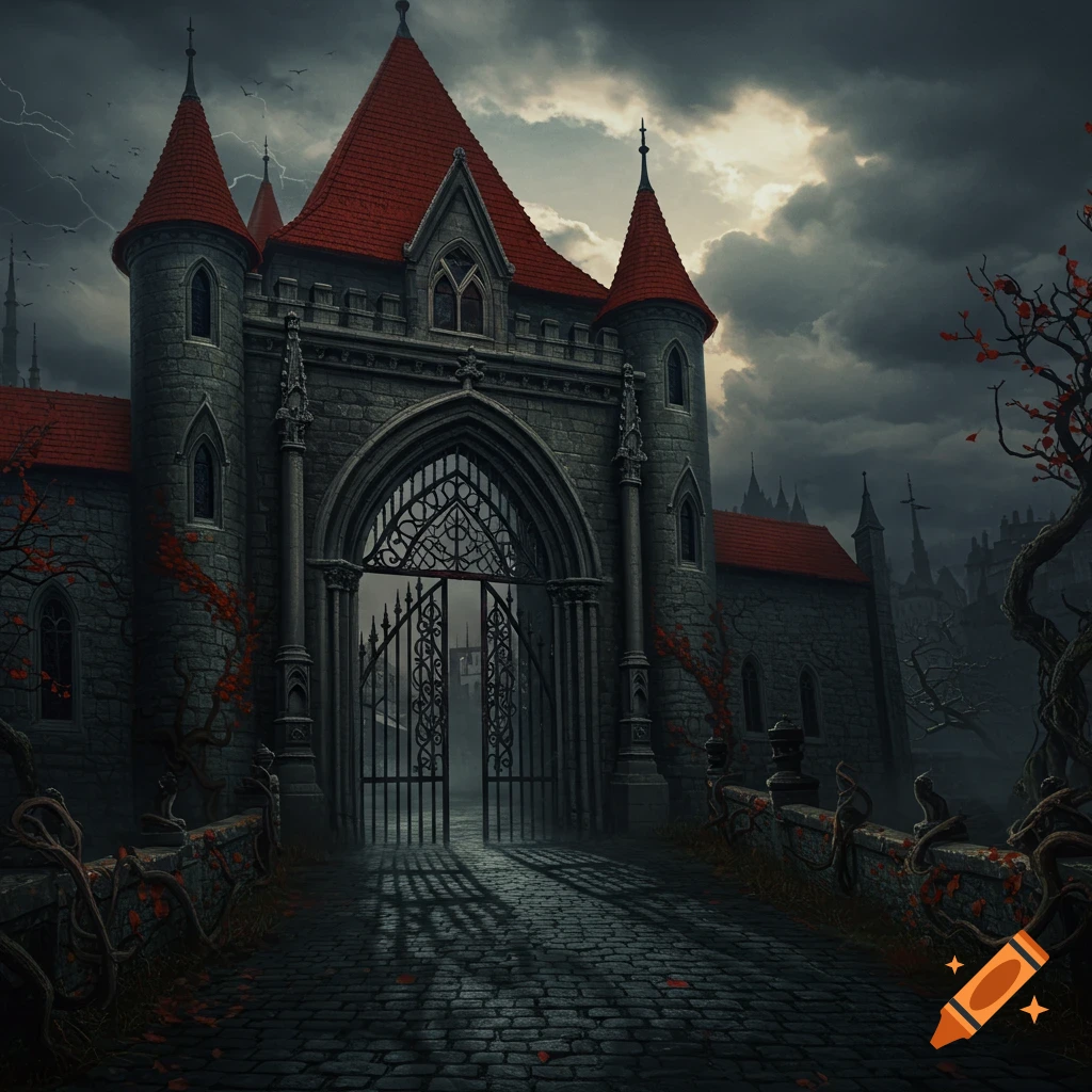 A dark gothic gatehouse with a red roof, closed ornate gates, and a ...