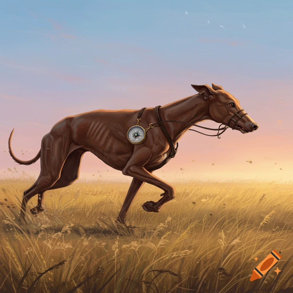A lean brown greyhound dog, wearing a harness with a compass, runs ...