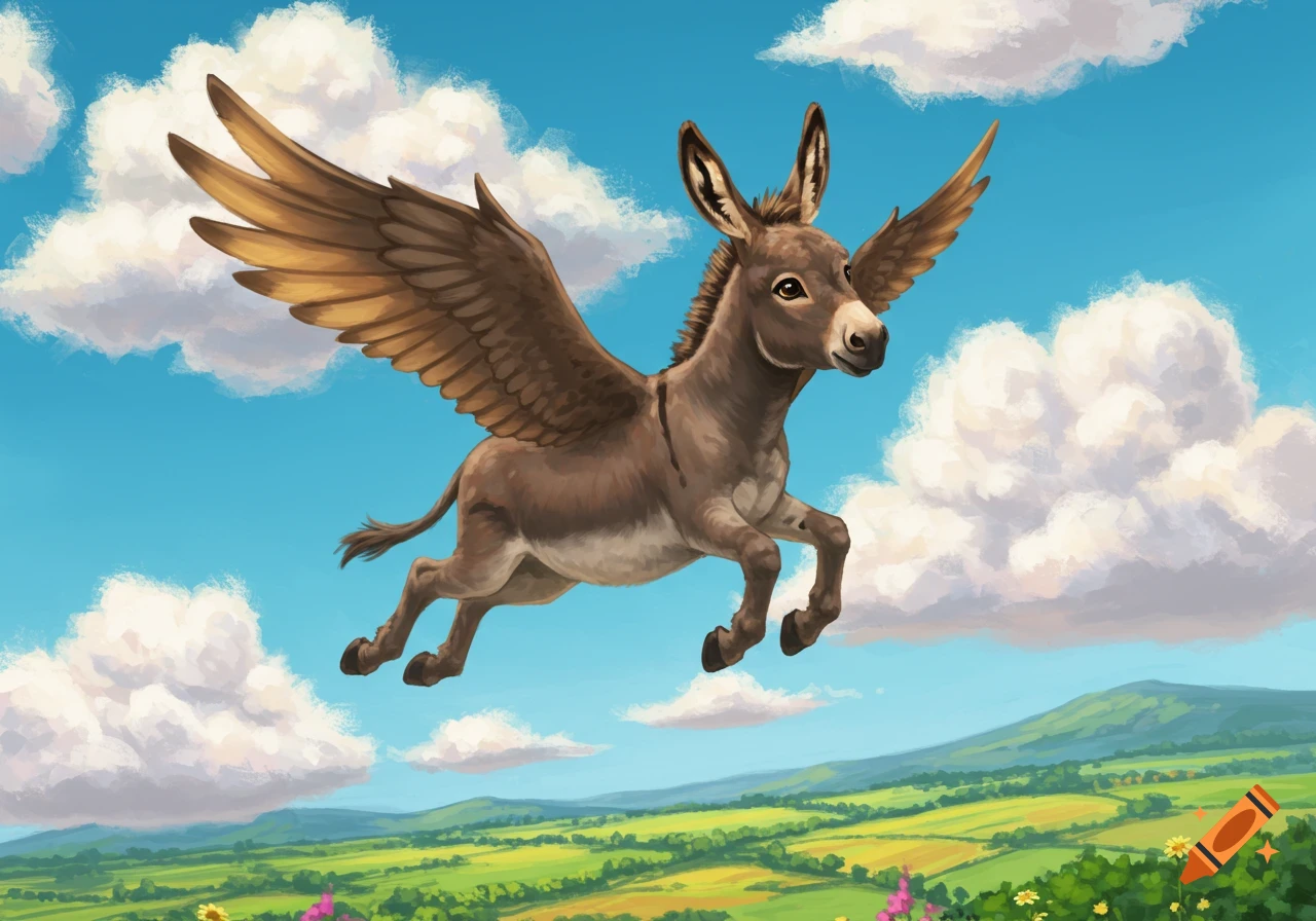 A whimsical illustration of a brown donkey with wings flying high in a ...