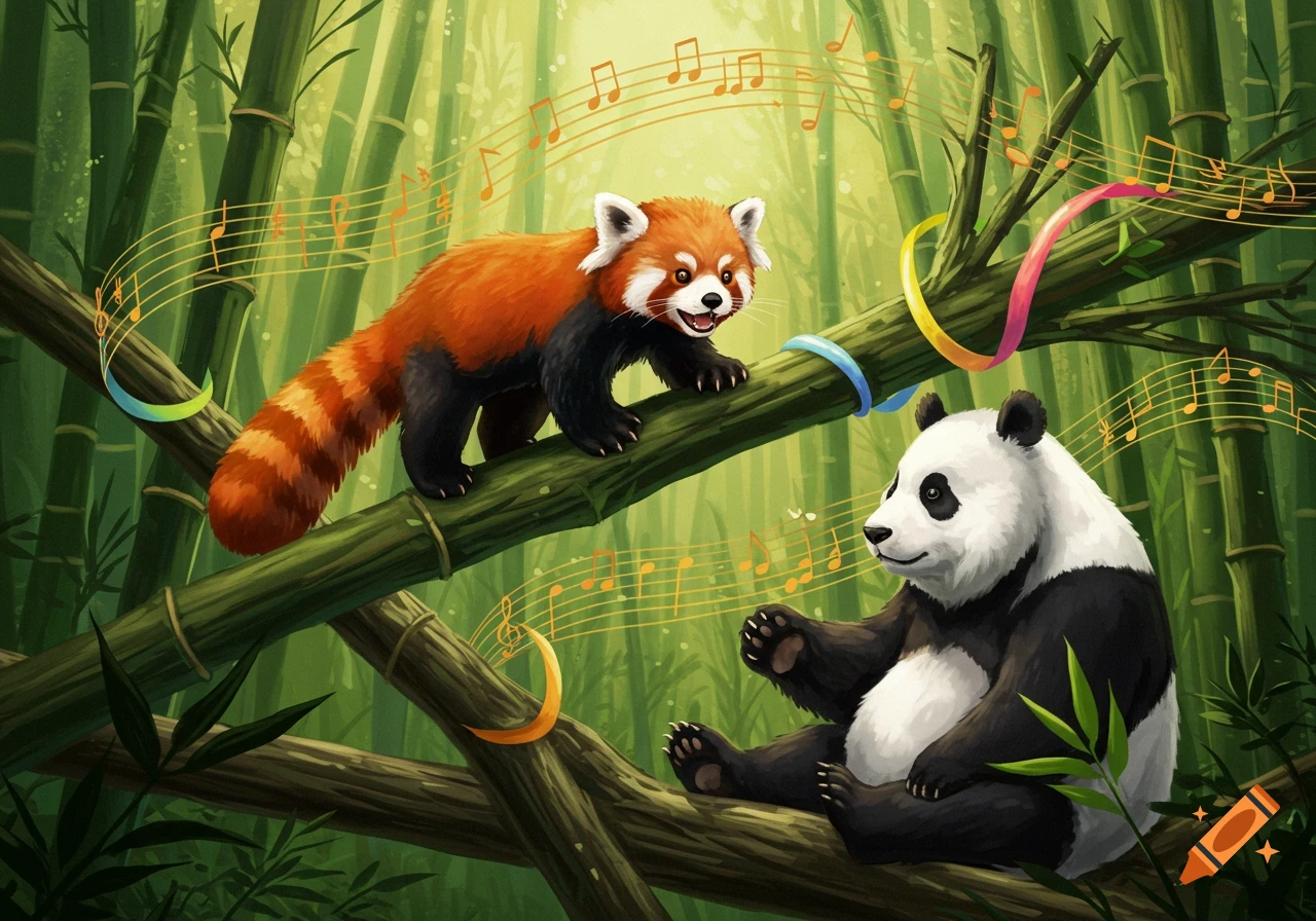 A happy red panda and a giant panda on bamboo branches in a forest ...