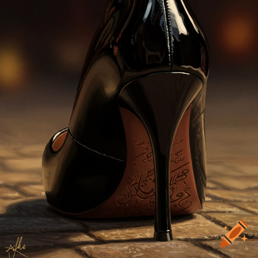 Close-up of a glossy black high-heeled shoe from behind, revealing ...