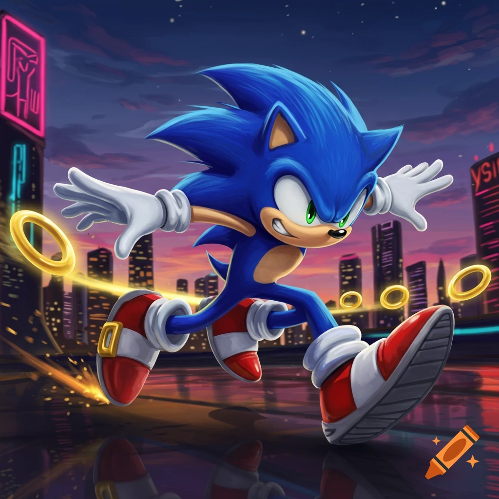 Sonic the Hedgehog running through a neon-lit city at dusk, collecting ...