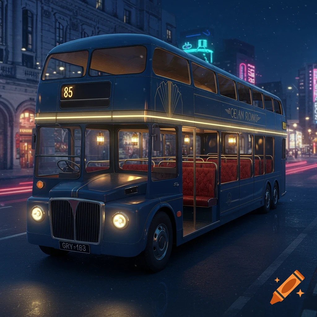 A luxurious, vintage-style blue double-decker bus with red seats and ...