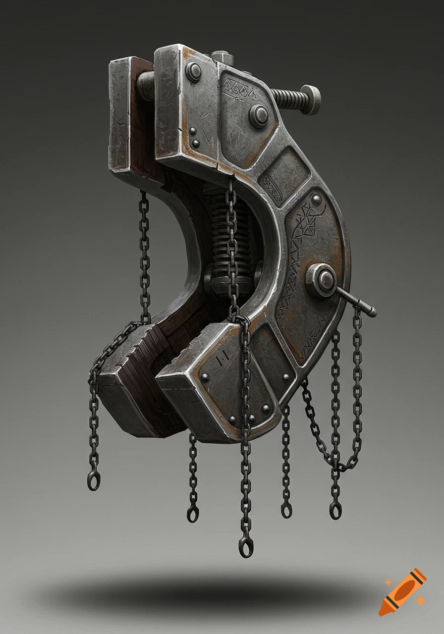 An oversized, heavy metal clamp with rustic details, wooden jaws, and ...